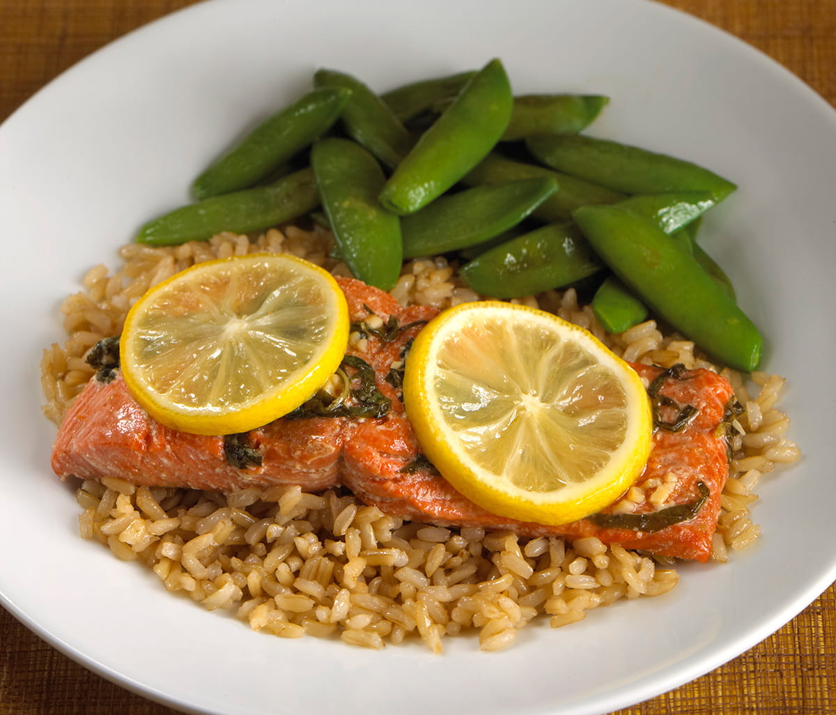 Citrus Ginger Honey Glazed Salmon with Whole Grain Rice and Sugar Snap ...